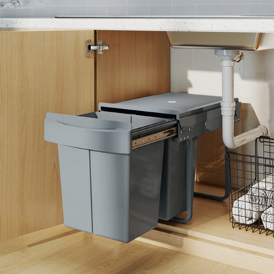 HOMCOM Kitchen Cupboard Bin with 40L Dual Compartment, Pull Out Bin, Grey