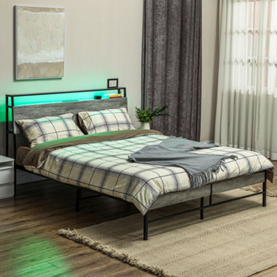 HOMCOM LED Double Bed Frame with Charging Station, 135 x 190cm, Cement Grey