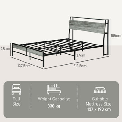 HOMCOM LED Double Bed Frame with Charging Station, 135 x 190cm, Cement Grey
