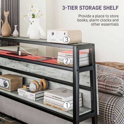 HOMCOM LED Double Bed Frame with Charging Station, 135 x 190cm, Cement Grey