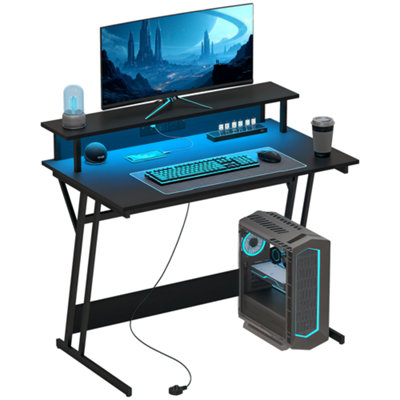 HOMCOM LED Gaming Desk with Power Outlets and Monitor Stand 100 x 60cm ...