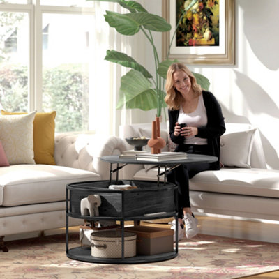 HOMCOM LIFT TOP COFFEE TABLE, ROUND COFFEE TABLE WITH HIDDEN STORAGE, GREY