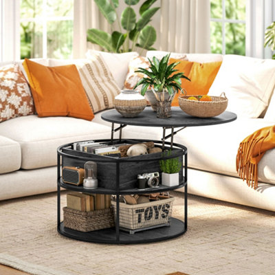 HOMCOM LIFT TOP COFFEE TABLE, ROUND COFFEE TABLE WITH HIDDEN STORAGE, GREY