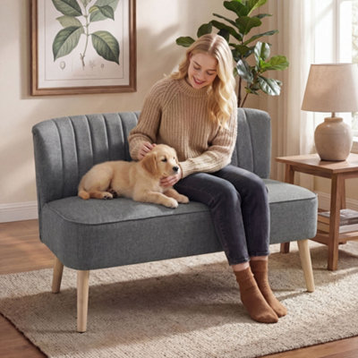 HOMCOM Linen-Feel Double Sofa w/ Wood Frame Padding Back, Light Grey