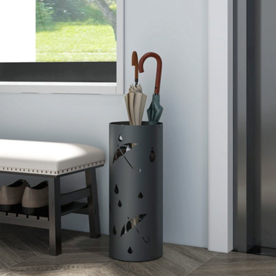HOMCOM Metal Umbrella Stand, Hollowed Umbrella Basket with 4 Hooks and ...