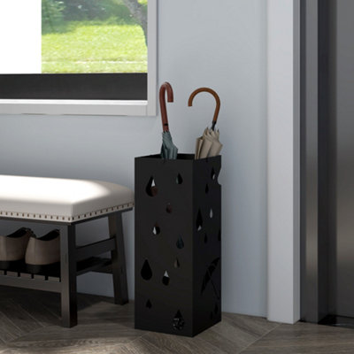 HOMCOM Metal Umbrella Stand, Square Umbrella Basket with 4 Hooks Drip ...