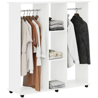 HOMCOM Mobile Double Open Wardrobe w/ Clothes Hanging Rail Clothing White