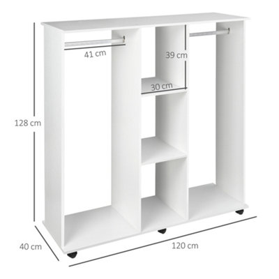 HOMCOM Mobile Double Open Wardrobe w/ Clothes Hanging Rail Colthing White