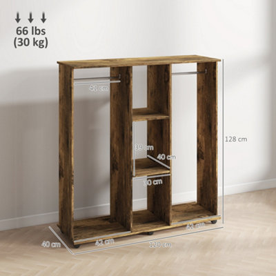 HOMCOM Mobile Double Open Wardrobe w/ Clothes Hanging Rail, Rustic Brown