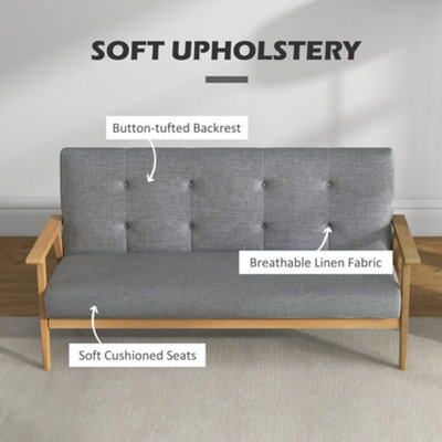 HOMCOM Modern 3-Seater Sofa Upholstery Couch with Rubber Wood Legs Dark ...