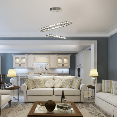 HOMCOM Modern LED Chandelier with 2 Crystal Rings, Dimmable Pendent ...