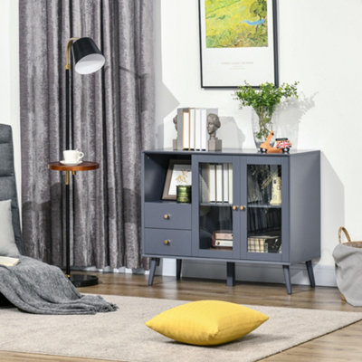 HOMCOM Modern Sideboard Glass Door Buffet Cabinet with 2 Drawers Grey