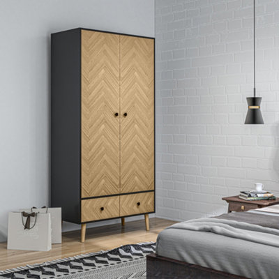 HOMCOM Modern Wardrobe Cabinet with Shelf, Hanging Rod and 2 Drawers ...