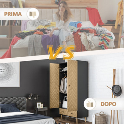 HOMCOM Modern Wardrobe Cabinet with Shelf, Hanging Rod and 2 Drawers ...