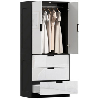HOMCOM Modern Wardrobe White Wardrobe with 3 Drawer and Hanging Rod