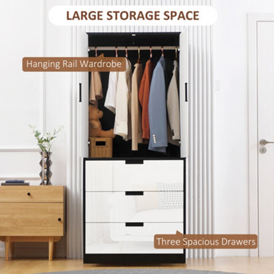 HOMCOM Modern Wardrobe White Wardrobe with 3 Drawer and Hanging Rod