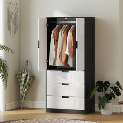 HOMCOM Modern Wardrobe White Wardrobe with 3 Drawer and Hanging Rod