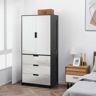 HOMCOM Modern Wardrobe White Wardrobe with 3 Drawer and Hanging Rod