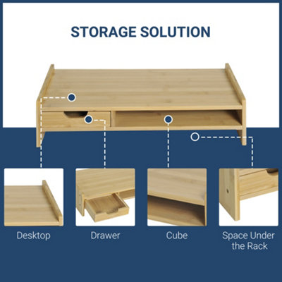 HOMCOM Monitor Riser Laptop PC Plinth Stand Desktop Organiser W/ Drawer ...