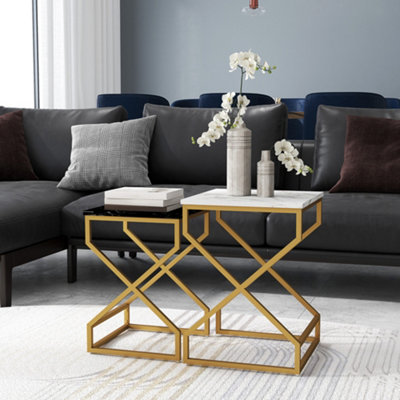 HOMCOM Nest Of Tables Coffee Table Set with Steel Frame Black White