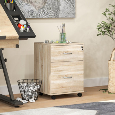 HOMCOM Pedestal Office Mobile Filing Cabinet 2 Drawer Wooden Storage Oak