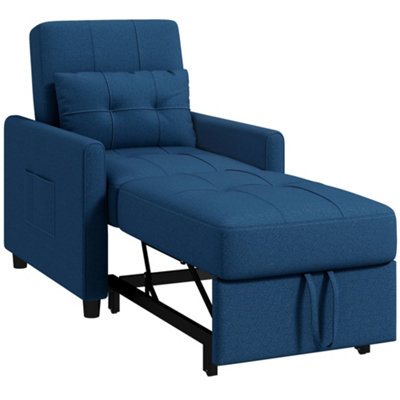 HOMCOM Pull Out Chair Bed, Sleeper Chair with Pillow, Side Pockets, Blue