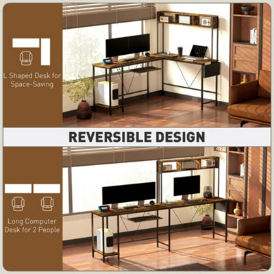 HOMCOM Reversible Corner Desk w/ USB Port, Long Computer Desk for 2 Person