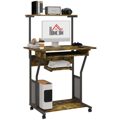 HOMCOM Rolling Computer Desk with Keyboard Tray Storage Shelves Rustic ...