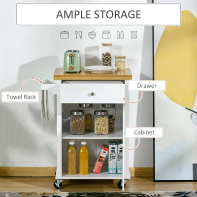 HOMCOM Rolling Kitchen Cart Storage Trolley with Drawer Towel Rail White