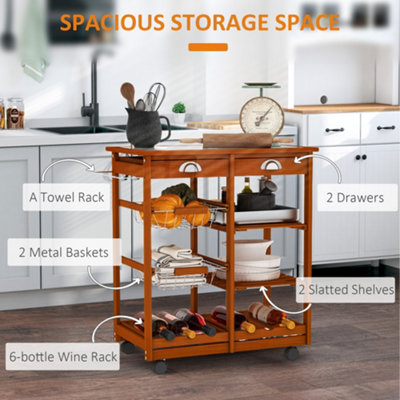 HOMCOM Rolling Kitchen Island Trolley Serving Cart with Basket, Honey ...