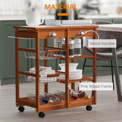 HOMCOM Rolling Kitchen Island Trolley Serving Cart with Basket, Honey ...