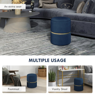 HOMCOM Round Pouffe Storage Footstool with Cushioned Top Hidden Space Blue