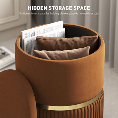 HOMCOM Round Pouffe, Storage Footstool with Cushioned Top, Light Brown