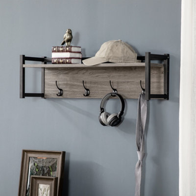 HOMCOM Rustic Wall-Mounted Coat Rack Floating Shelf with 4 Hooks for ...