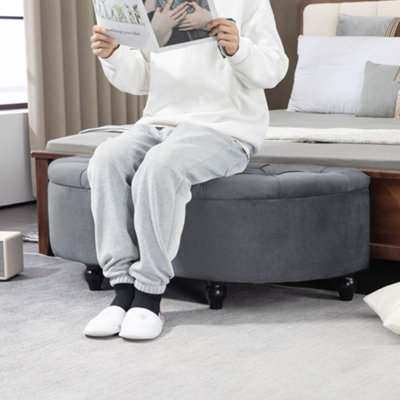HOMCOM Semi Circle Storage Ottoman Bench Tufted Upholstered Grey