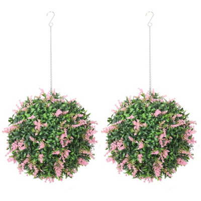 HOMCOM Set of 2 Artificial Plant Topiary Balls, Faux Plants, Pink