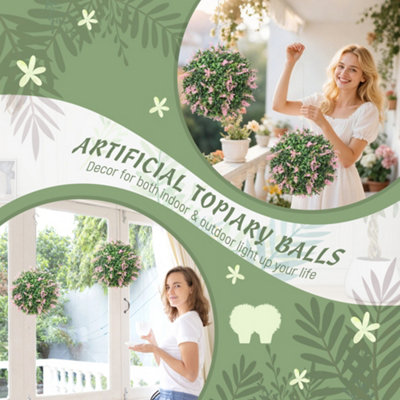 HOMCOM Set of 2 Artificial Plant Topiary Balls, Faux Plants, Pink