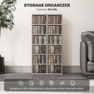 HOMCOM Set of 2 CD Storage Units with Adjustable Shelves Cement Grey