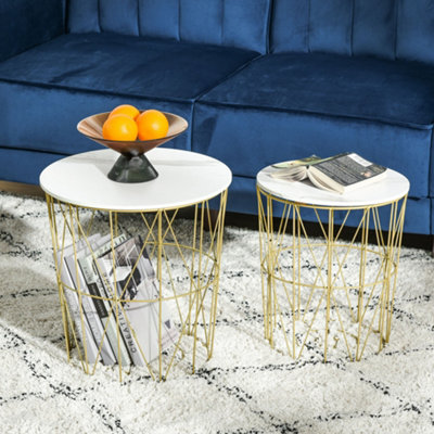 HOMCOM Set of 2 Nesting End Tables Side Tables w/ Basket Removable Top ...