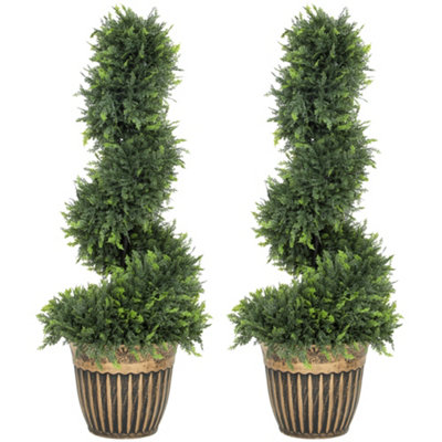 HOMCOM Set of 2 Potted Artificial Plants, Topiary Spiral Cypress Trees ...