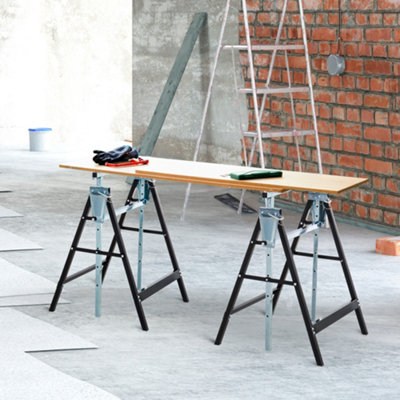 HOMCOM Set Of 2 Steel Saw Horses Telescopic Builders Work Bench Folding ...