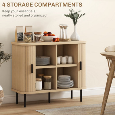 HOMCOM Sideboard Storage Cabinet with Slatted Tambour Sliding Doors Oak ...