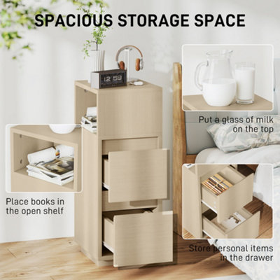 HOMCOM Slim Bedside Table, Bedside Cabinet with Open Shelf and 2 Drawers