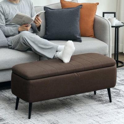 HOMCOM Storage Ottoman Bench, Linen Fabric Footstool with Steel Legs Brown