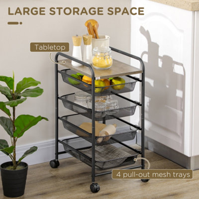 HOMCOM Storage Trolley Rolling Utility Cart with 4 Mesh Basket for ...