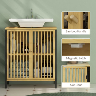 HOMCOM Under Sink Bathroom Cabinet Bamboo Sink Storage Cabinet Slat Doors