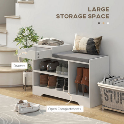 HOMCOM Upholstered Entryway Shoe Bench with Storage Drawer Open Shelf White