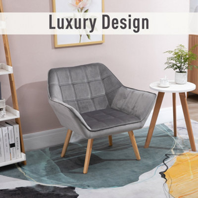 HOMCOM Velvet-Feel Accent Chair w/ Wide Arms Slanted Back Wood Legs Grey