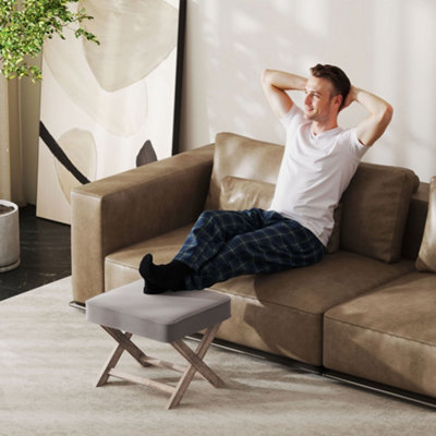 HOMCOM Vintage Footstool Padded Seat X Shape Chair Velvet Cover Shabby Grey