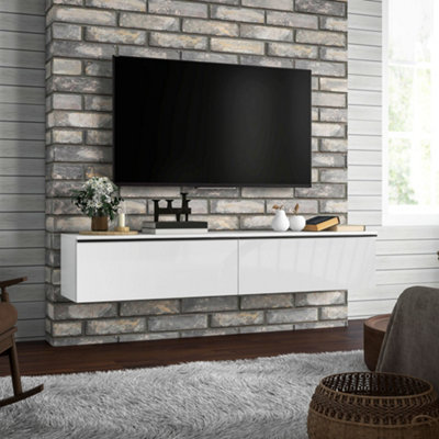 HOMCOM Wall Mounted TV Stand Unit with Storage and High Gloss Effect, White